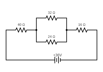 Two parallel resistors 32 \ \Omega and 24 \ \Omega are in a series with ...