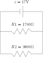 Two resistors with R1 = 1,700 Omega and R2 = 3,800 Omega are connected ...