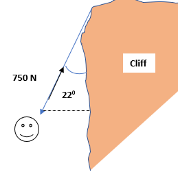 a soldier climbs a cliff with a pull of 750N on the rope and th rope is ...