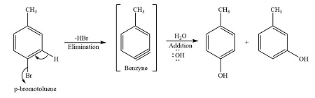 Treatment of p-bromotoluene with NaOH at 300 degrees C yields a mixture ...