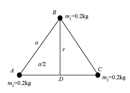 Three particles, each of mass 200 g, are kept at the corners of an ...