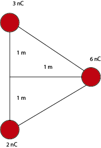 Three charges are arranged in a triangular pattern. Each charge is ...