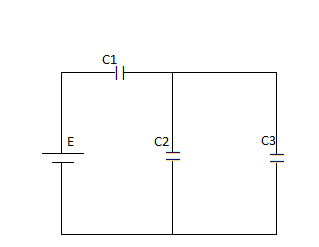 Three capacitors are connected to a E = 1 V battery as shown below. The ...