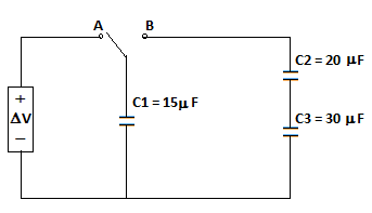 Initially the switch in the circuit below is in position A and capacitors C_2 and C_3 are ...