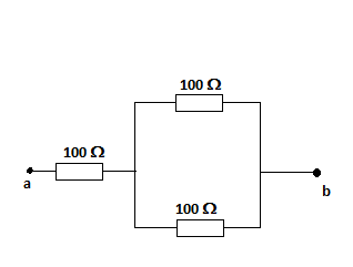 Three 100 \Omega resistors are connected as shown in the figure. The ...