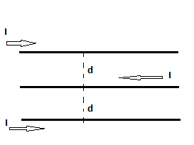 Three long, parallel wires are oriented in the same plane as shown ...