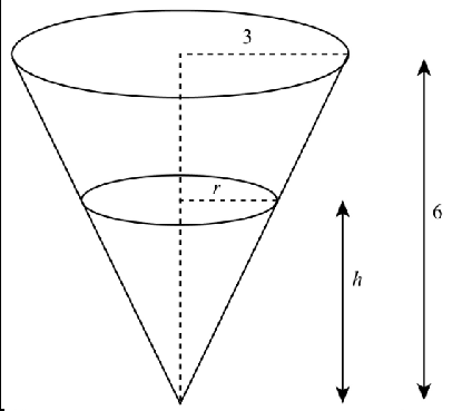An inverted conical water tank with a height of 6 ft and a radius of 3 ...