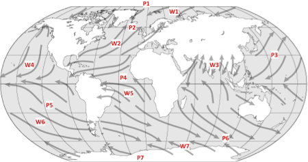 1. This figure shows the locations and the directions of the major wind ...