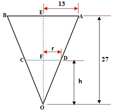 A conical water tank with vertex down has a radius of 13 feet at the ...