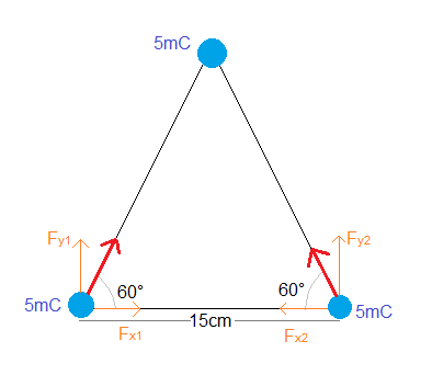 Three identical point charges, A, B, and C, are located in the shape of ...