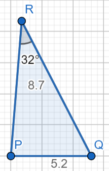 In triangle RPQ, RP = 8.7 cm, PQ = 5.2 cm, and the angle PRQ = 32 ...