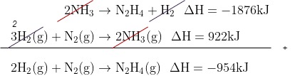 N2H4(g) + H2(g) → 2 NH3(g) H₁ = 1876 kJ 3 H2(g) + N2(g) → 2 NH3(g) H₂ = 922 kJ What is Hf for ...