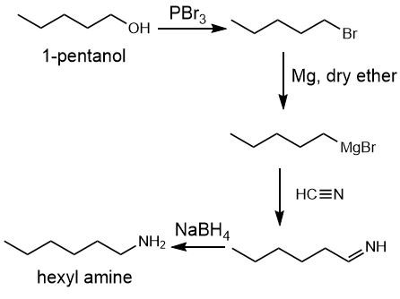 Starting with 1-pentanol design a synthesis for hexylamine (CH_3CH_2CH_2CH_2CH_2 NH_2) (using ...