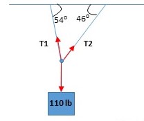 A weight of 110 pounds is attached to a cable and hangs so that angles ...