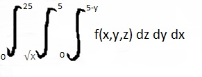 Integrate 0 to 25; integrate Square root(x) to 5; inegrate 0 to 5-y f(x ...