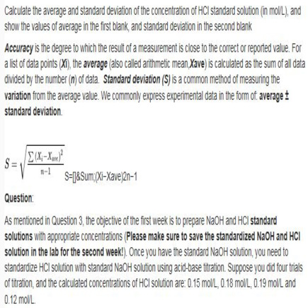 Calculate the average and standard deviation of the concentration of ...