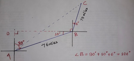 Corey travels 76 miles at 80 degrees east of north and then travels 79 ...