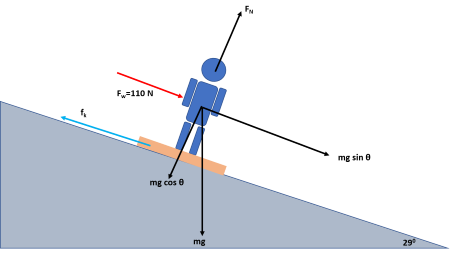 A girl is sledding down a slope that is inclined at 29.0^{\circ} with ...