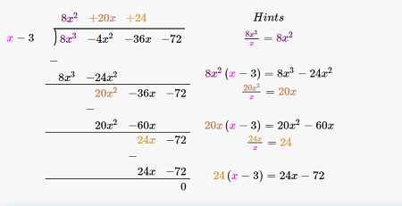 Simplify using long division: (-72 - 4x^2 + 8x^3 - 36x) devided by (x ...