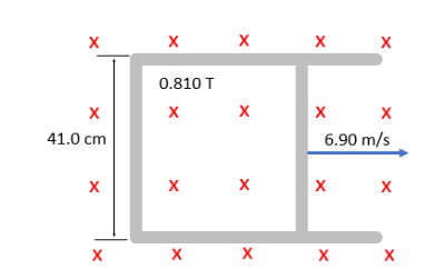 A 41.0-cm wire is moving to the right at a speed of 6.90 m/s across two ...