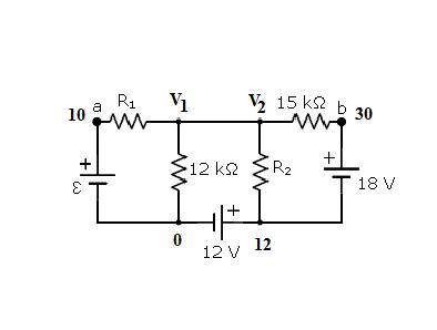E = 10 V, R1 = 14 kohm and R2 = 17 kohm. 1) Determine the current ...