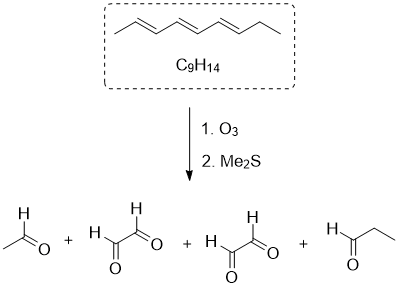 A single unknown hydrocarbon molecule C_9H_{14} react to O_3 and Me_2S ...