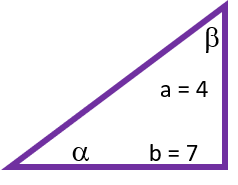 Solve the right triangle with a = 4 and b= 7. Find \alpha or \beta ...