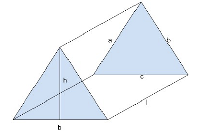 Find the height and the volume of a triangular prism. The front ...