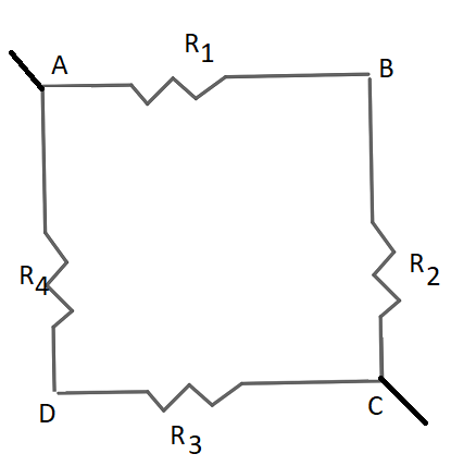 Four identical 5.00 resistors are joined and form the four sides of a ...