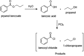 Draw the product of the reaction: propanol benzoate wl \ H_2O then PCl ...