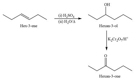 Using chemical reactions, how hex-3-ene could be converted to hexan-3-one. Include the ...