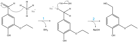 Draw the mechanism of 3-ethoxy-4-hydroxybenzaldehyde + NaOH + NaBH_4 ...