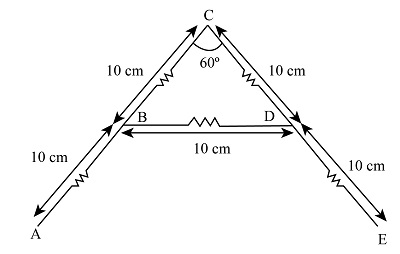 A letter A is constructed of a uniform wire of resistance 1 ohm/cm. The ...