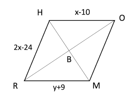 Given RHOM is a rhombus, m\angleRHO =106 degrees. Find each of the ...