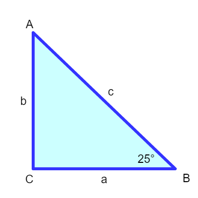 Solve the right triangle. Angle B = 25^o, angle C = 90^o, and length a ...