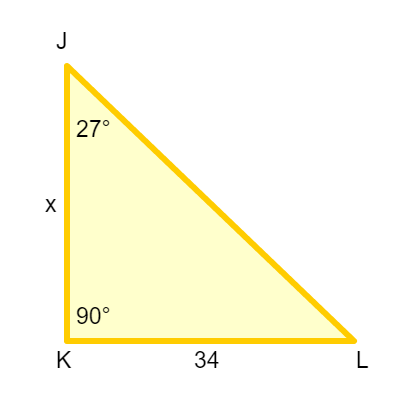 In triangle JKL where angle K is a right angle, KL measures 34, JK ...