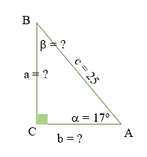 Solve the right triangle with the given side and angle. alpha = 17 ...