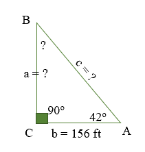 Solve the triangle ABC if C = 90 degrees, b = 156 ft, and A = 42 ...
