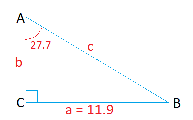 Solve the right triangle ABC, with C = 90 degrees, A = 27.7 degrees, a ...