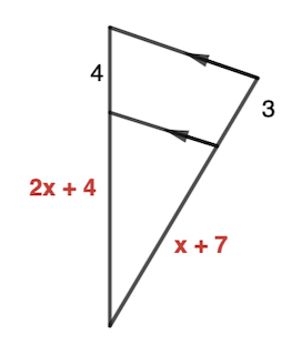Solve for x. Given sides are 4, 3, x + 7, 2x + 4. | Homework.Study.com