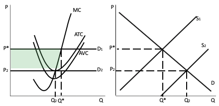 Draw two graphs. In the left one, show a competitive single firm which ...