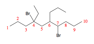 Show how to draw the structural formula for 4,7-dibromo-4-ethyl-6 ...