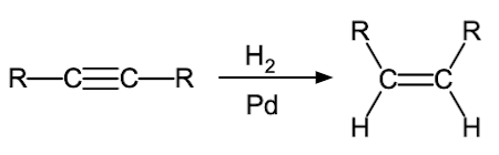 An alkyne undergoes hydrogenation to produce an alkene as follows: RC ...