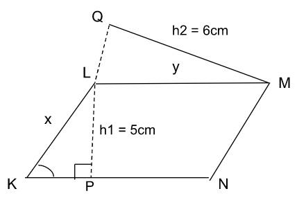 Given LM || KN , KL || NM, LP = h_1 = 5 cm, MQ = h_2 = 6 cm, and PKLMN ...