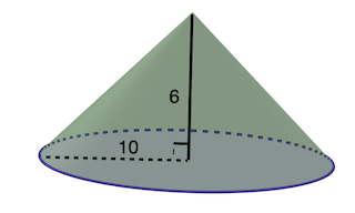 Find the volume of the cone. Given dimensions are 6 and 10. Express the ...