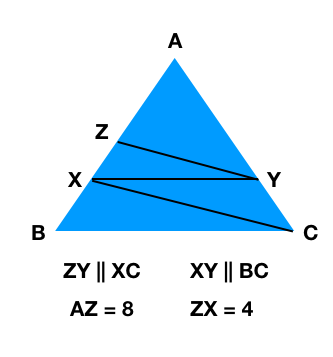 In triangle ABC, points X and Z are on line AB and Y is on line AC such ...