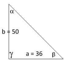For the right triangle with a = 36 and b = 50 . Find angle /beta. (a is ...