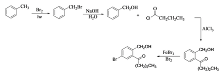 Synthesize the below compound from toluene (C6H5CH3) and any other ...