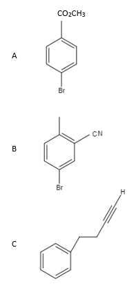 Outline a synthetic route to Compounds A, B, and C (below). Use a ...