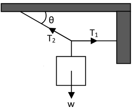Find the weight of the hanging object W and the tension force T_2 ...